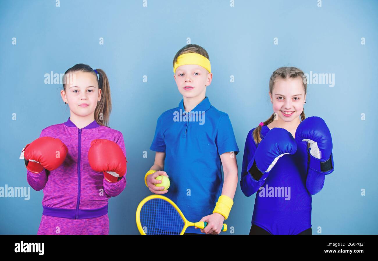 Never stop. workout of small girls boxer and boy in sportswear. Happy ...