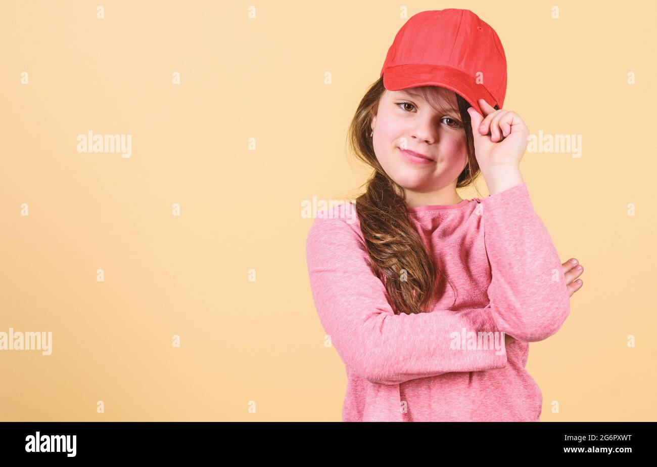 Cutie in cap. Stylish accessory. Kids fashion. Feeling confident with ...