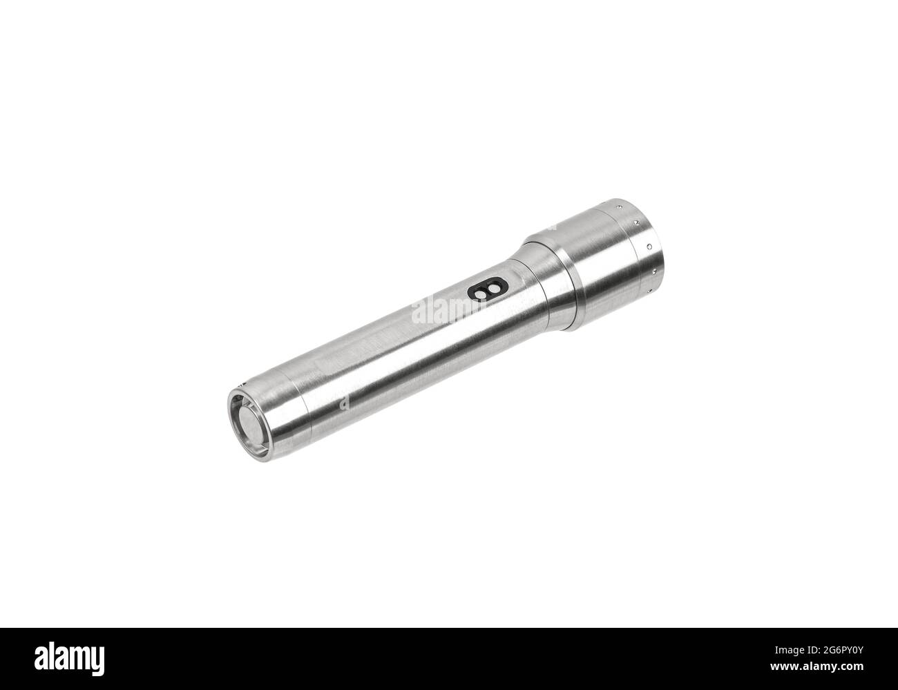 Modern silver metal LED flashlight. Pocket portable rechargeable ...