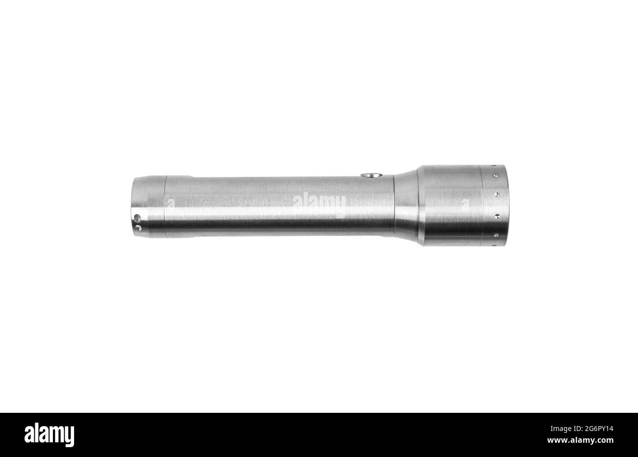 Modern silver metal LED flashlight. Pocket portable rechargeable ...