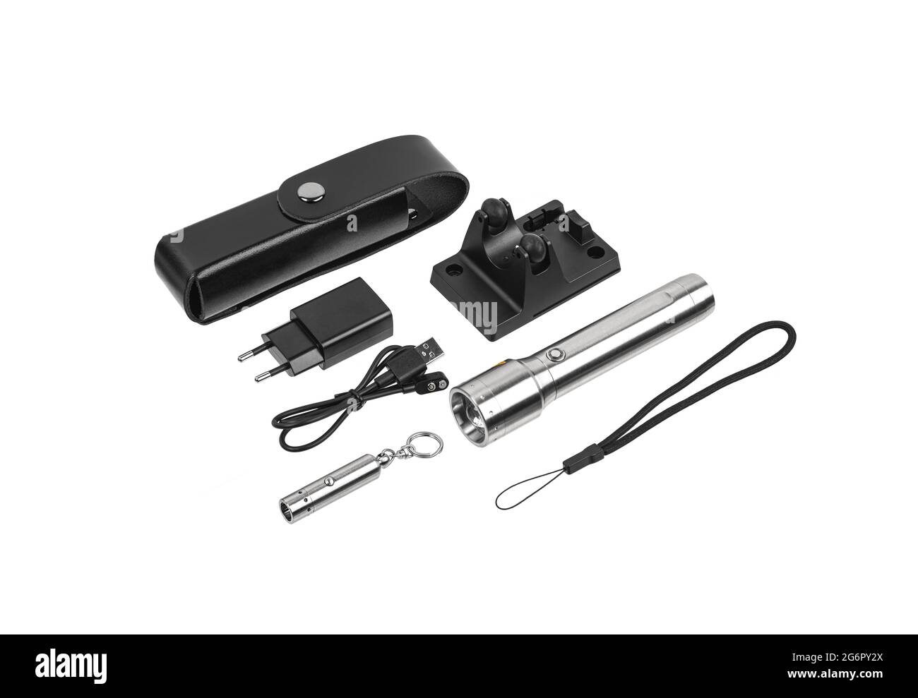 Modern silver metal LED flashlight. Pocket portable rechargeable ...