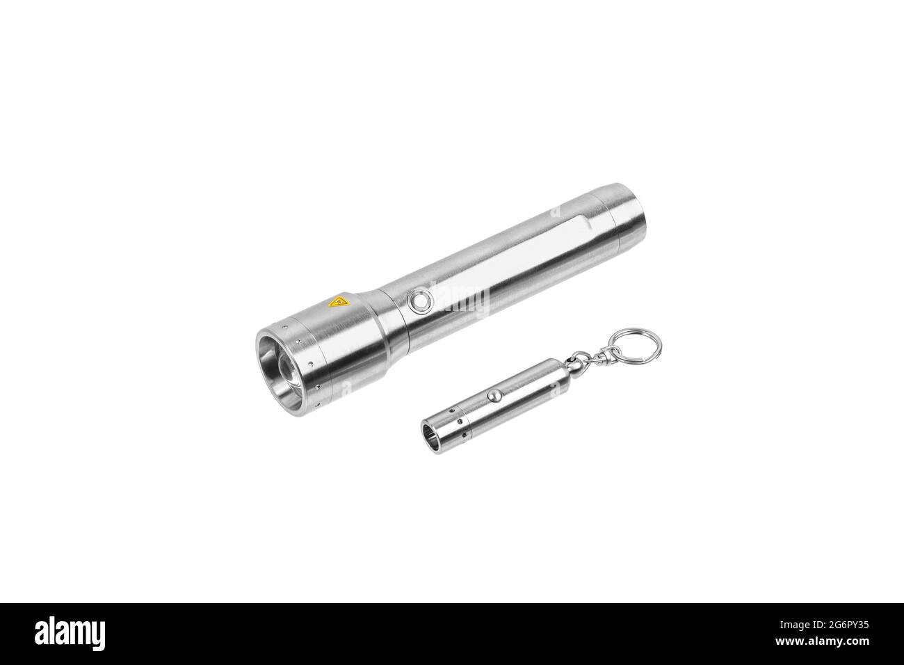 Modern silver metal LED flashlight. Pocket portable rechargeable ...