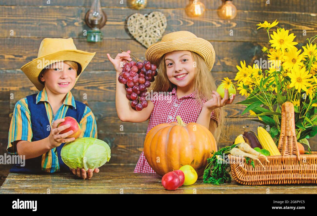 Celebrate harvest festival. Children near vegetables wooden background ...