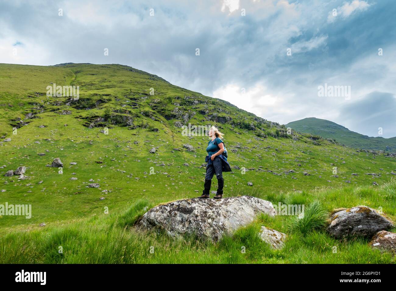 A walker below the Munro mountains of Ben More (left) and Stob Binnein ...