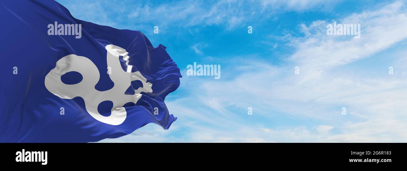 official flag of Osaka prefecture waving in the wind on flagpoles ...