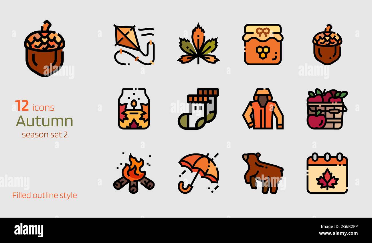 Autumn icon vector set. Colored line and filled outline style ...