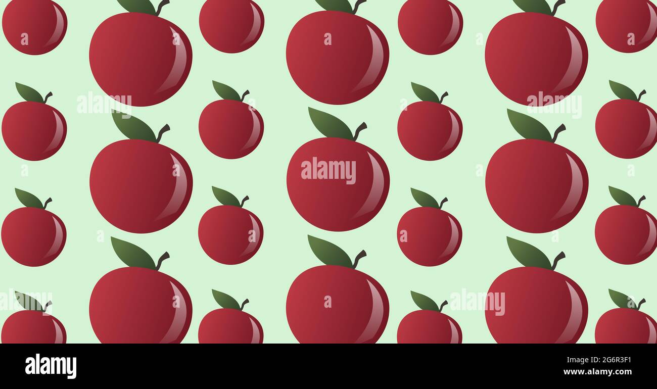 Composition of red apples repeated in rows on pale green background ...