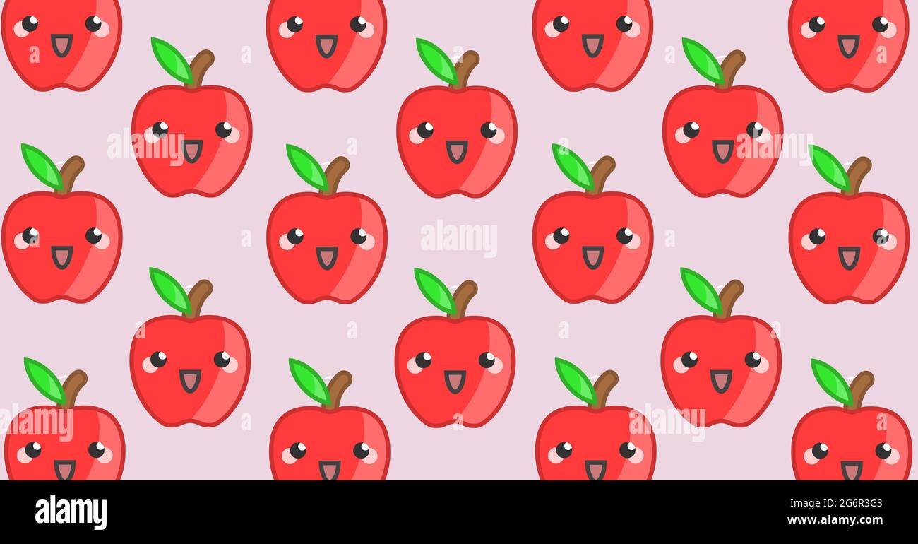 Composition of red apples with faces repeated in rows on pale pink ...
