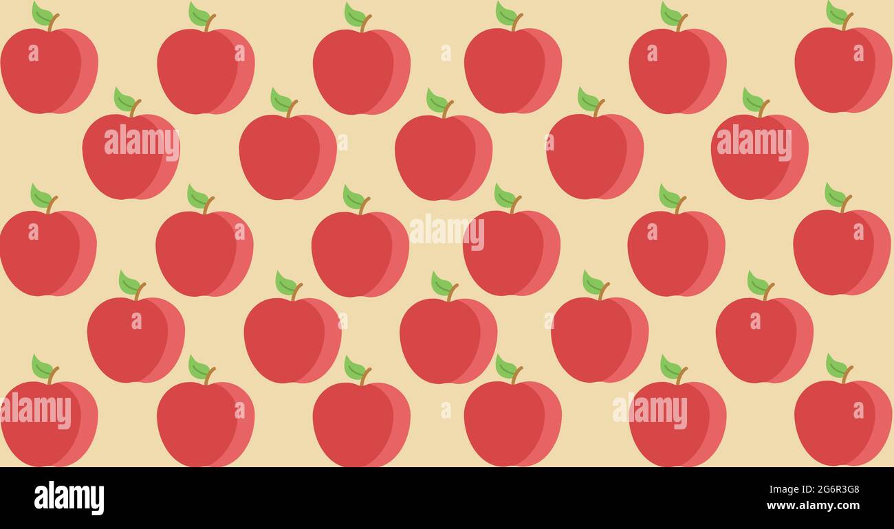 Composition of red apples repeated in rows on pale yellow background ...