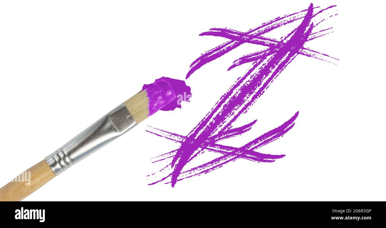 Composition of paint brush and pink paint marks on white background ...