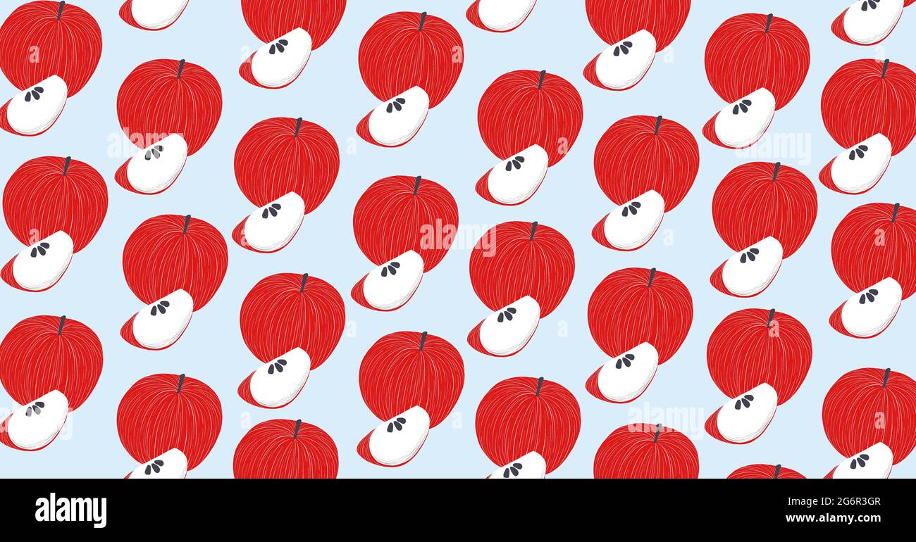 Composition of red apples and slices repeated in rows on pale blue ...