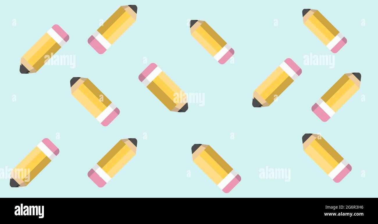 Composition of yellow pencils repeated on pale blue background Stock ...