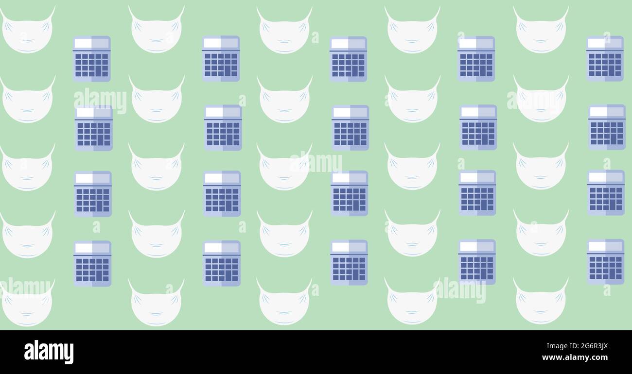 Composition of calculators and face masks repeated in rows, on pale ...