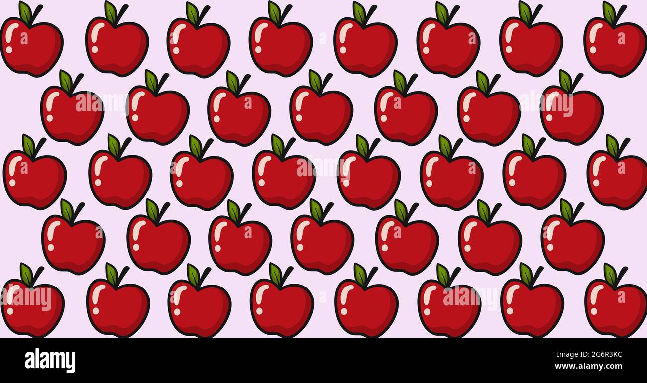 Composition of red apples repeated in rows on pale pink background ...