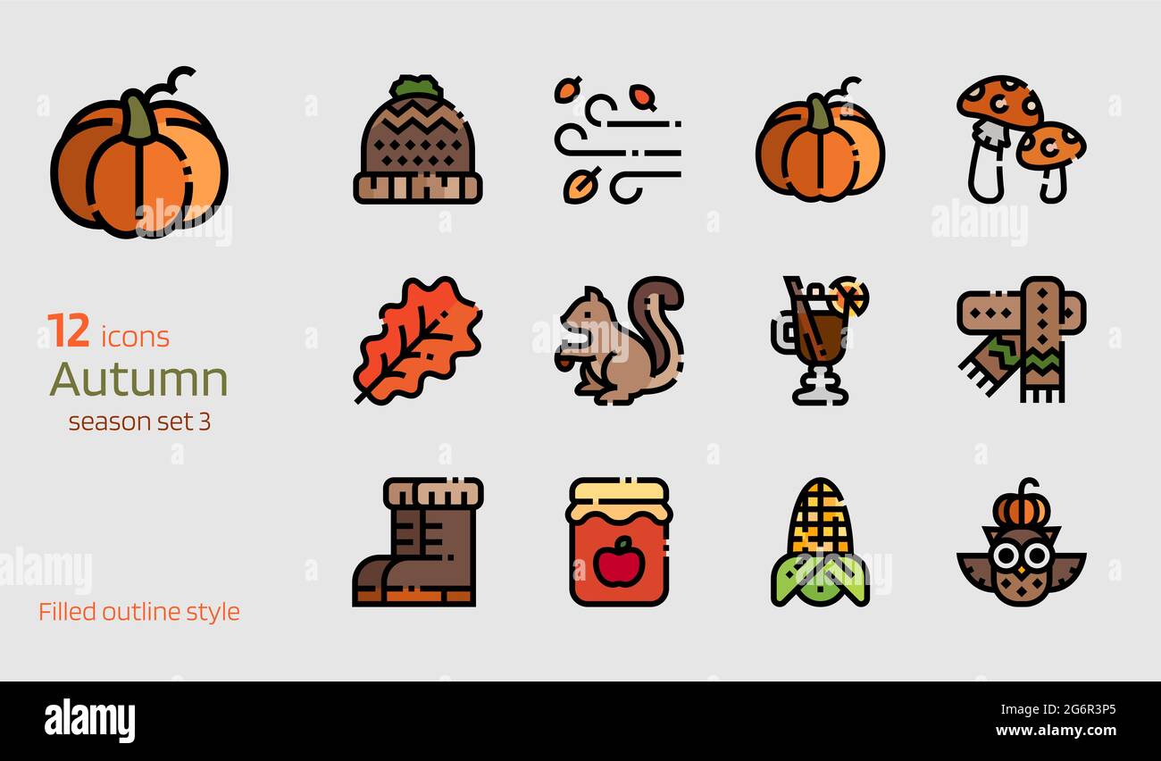 Autumn icon vector set. Filled outline style collection of season ...