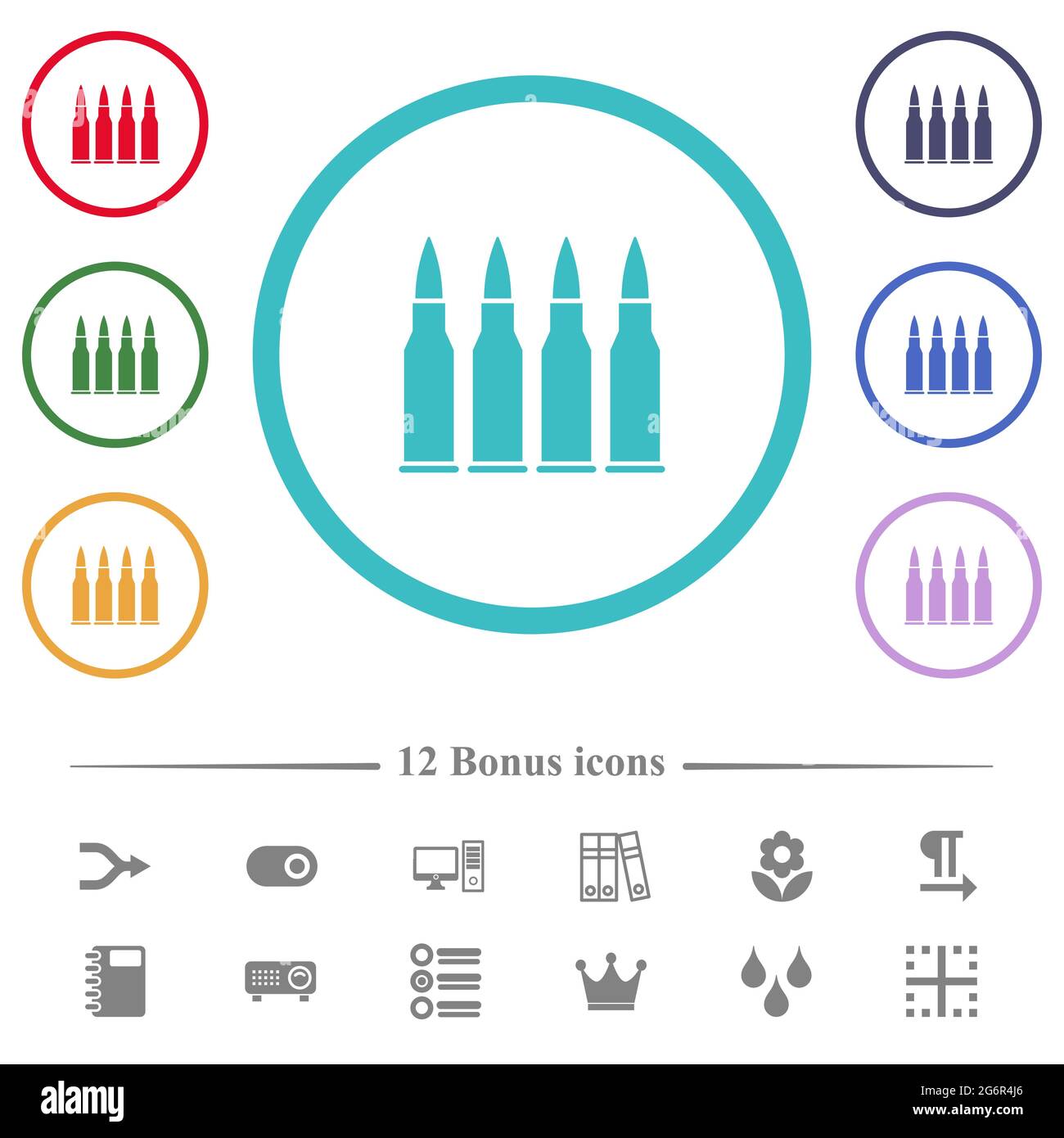 Four bullets flat color icons in circle shape outlines. 12 bonus icons ...