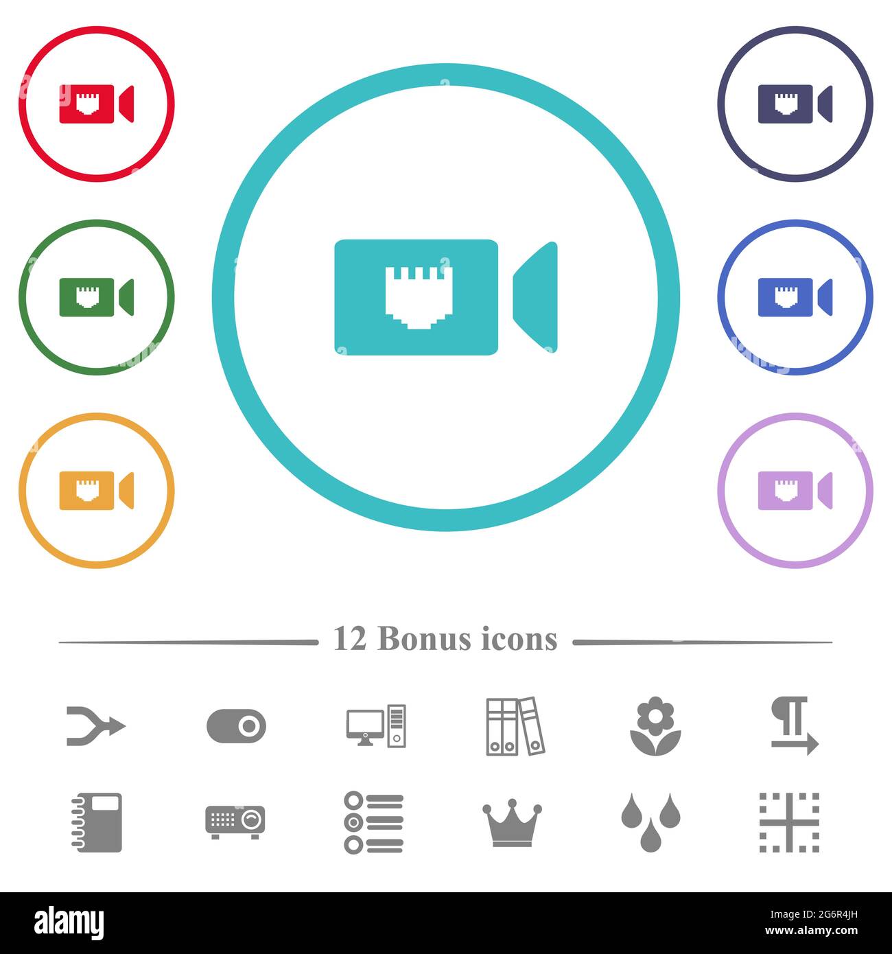 IP camera flat color icons in circle shape outlines. 12 bonus icons ...