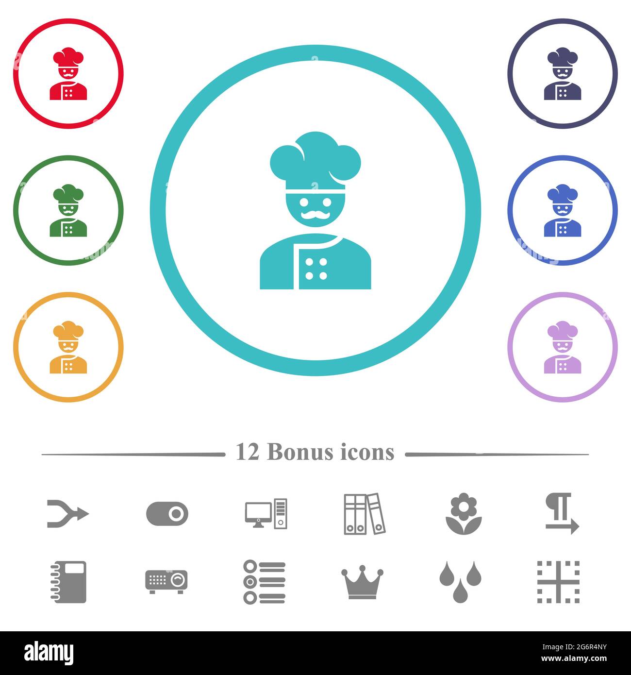 Master chef with mustache flat color icons in circle shape outlines. 12 ...