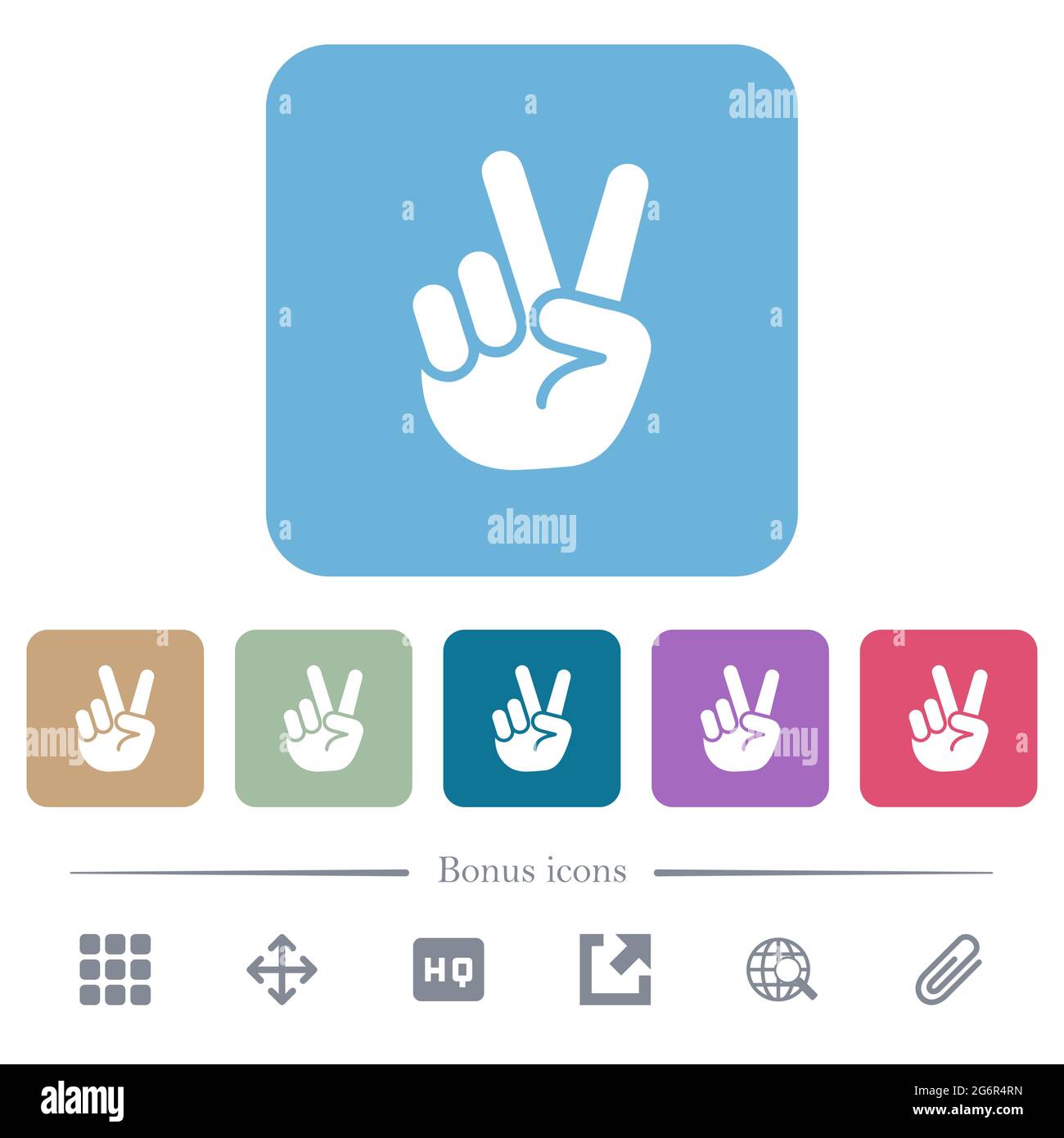Victory sign hand gesture white flat icons on color rounded square ...