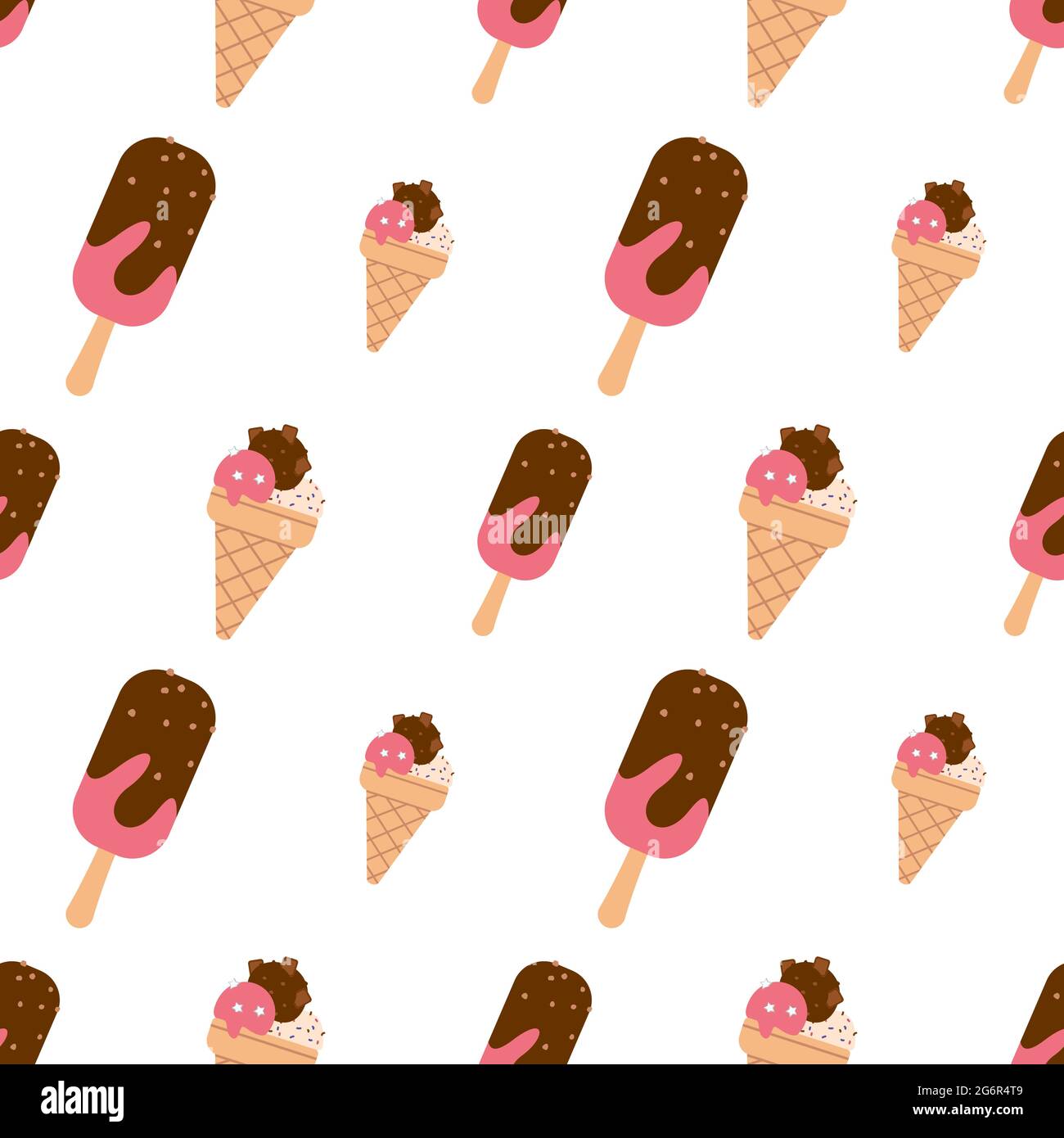 Seamless pattern with popsicle ice cream with chocolate and waffle cup ...