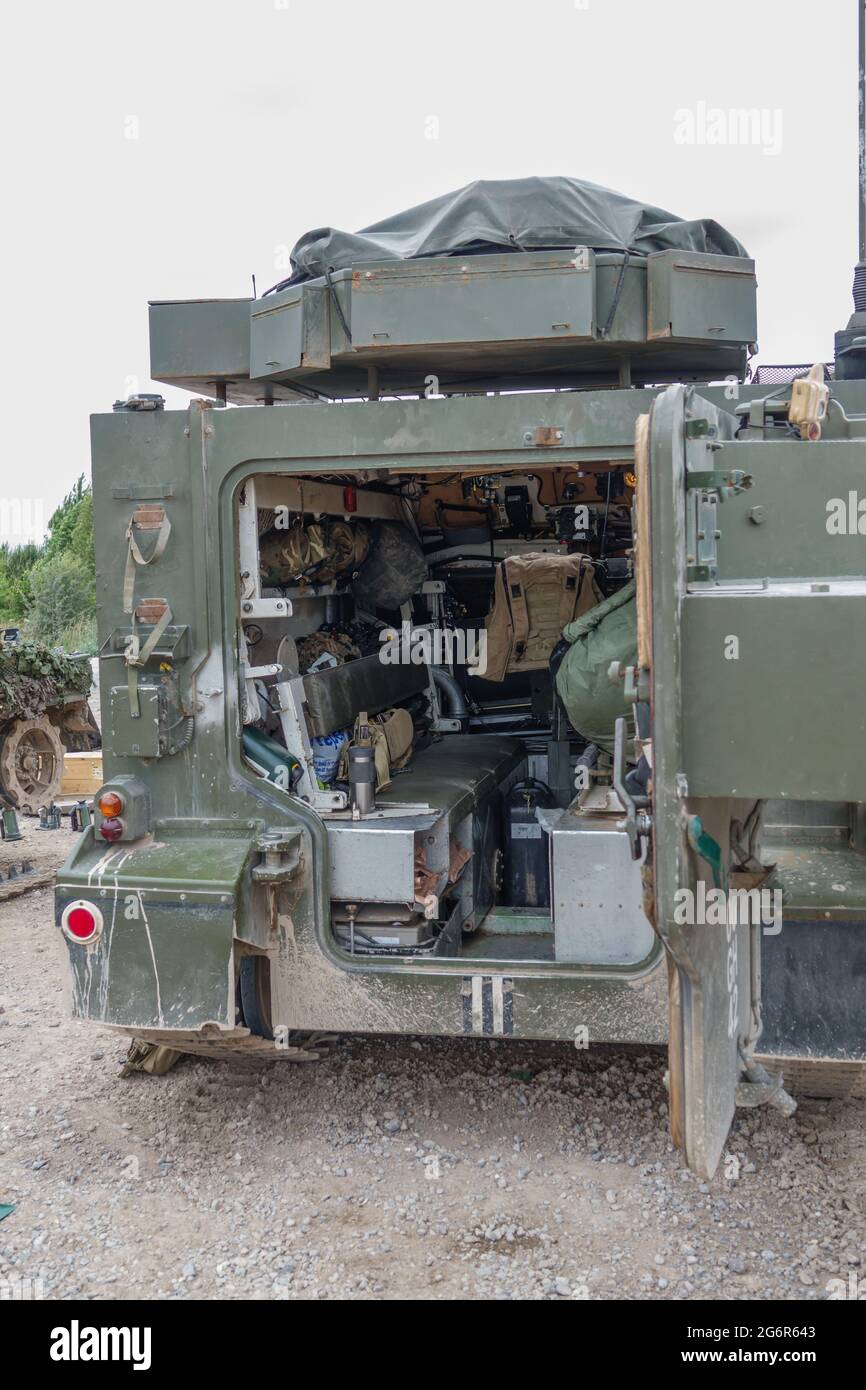 view in to the crew area of a British army CVRT FV105 Sultan command ...