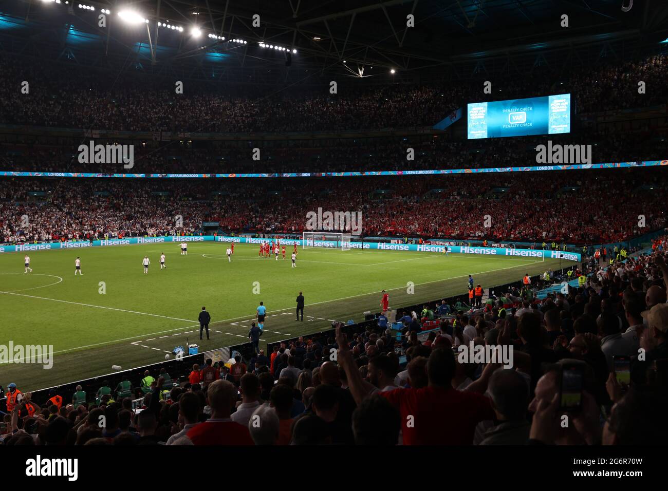 London, UK. 07th July, 2021. The VAR penalty check on the scoreboard at ...