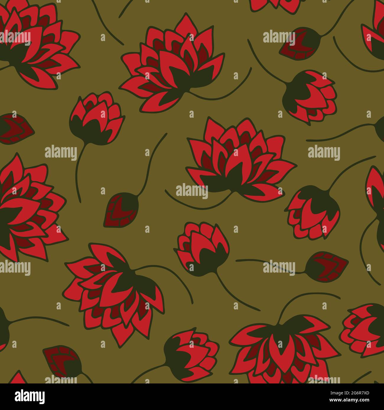 Seamless vector pattern with red flowers on green background. Simple ...