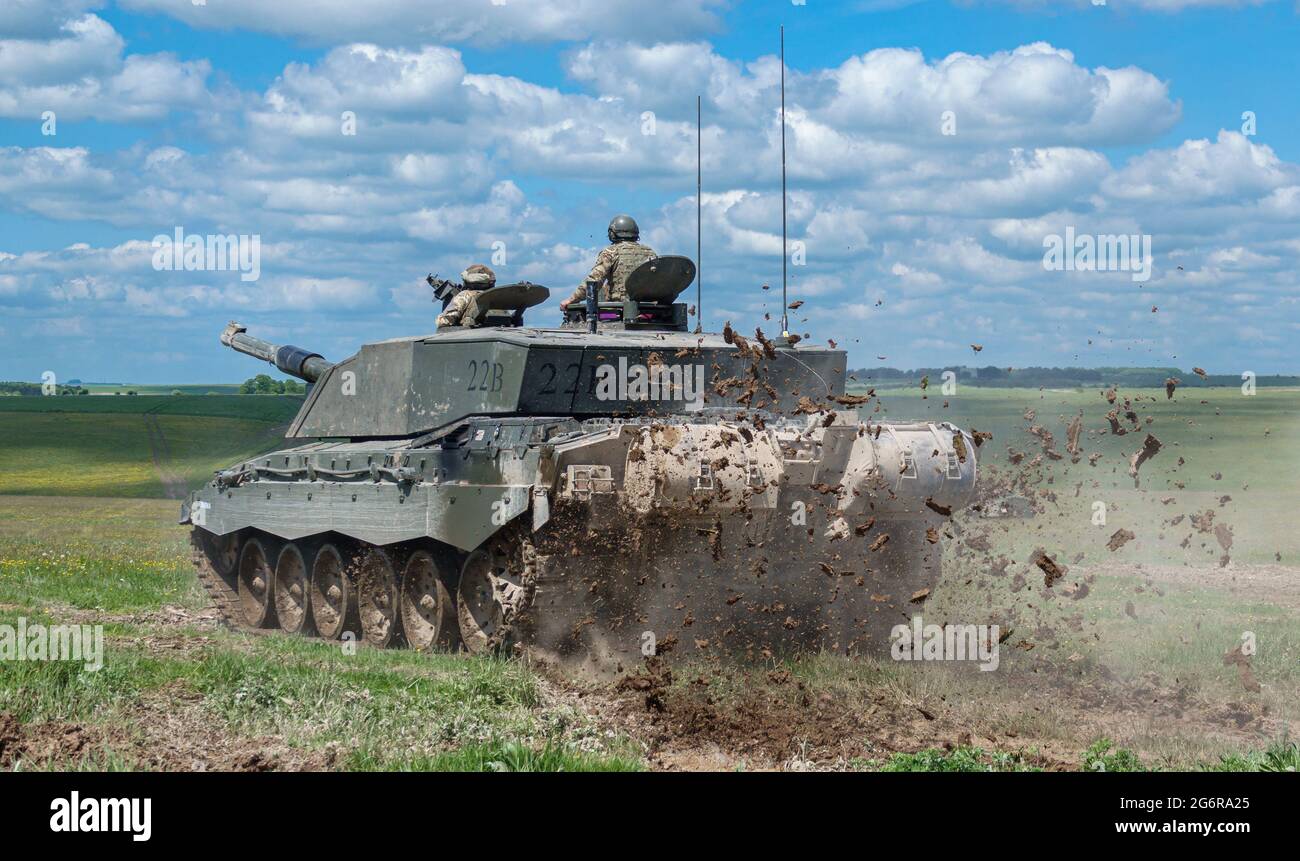 British Army military Challenger 2 Main Battle Tank on maneuvers in a ...