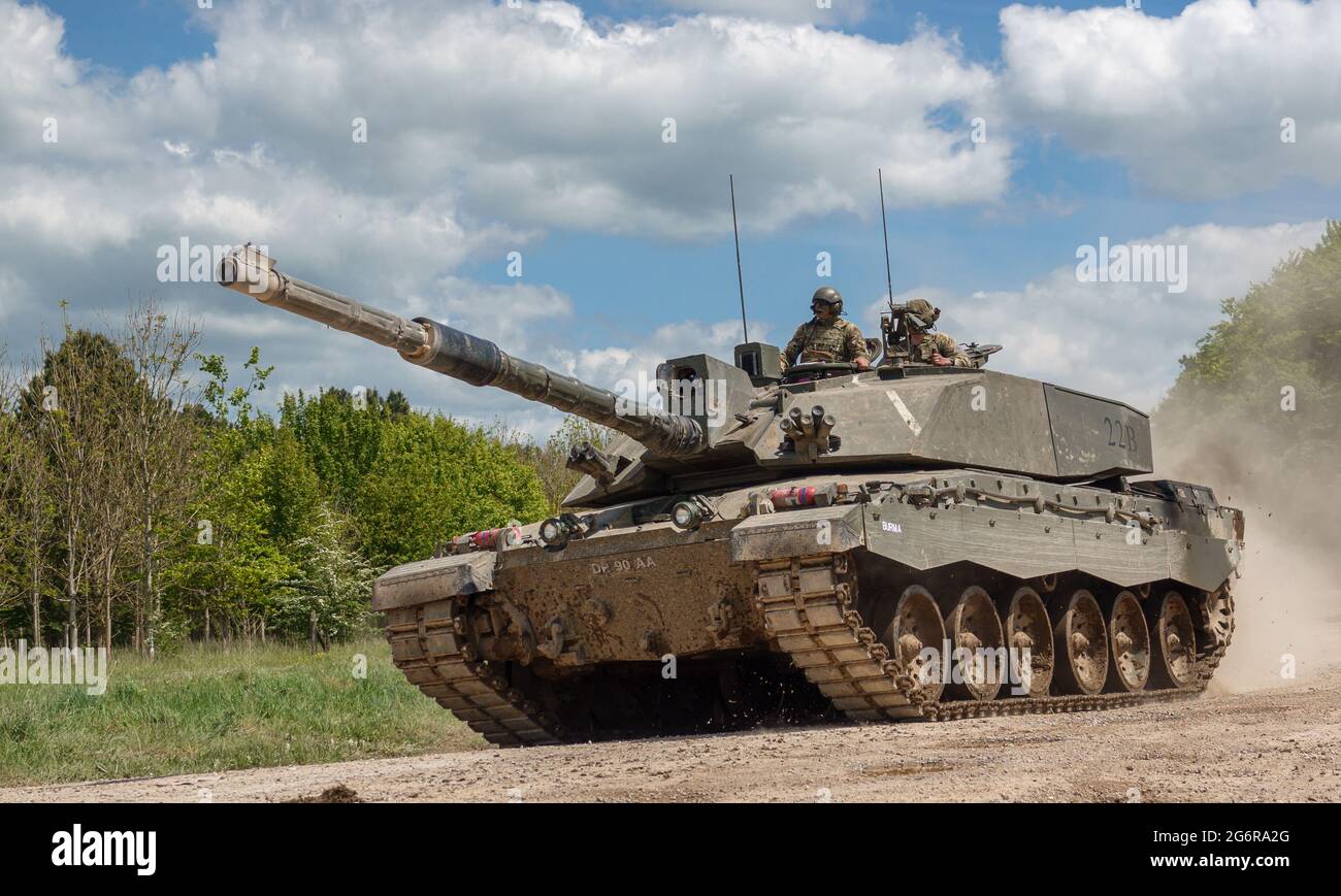 British Army military Challenger 2 Main Battle Tank on maneuvers in a ...