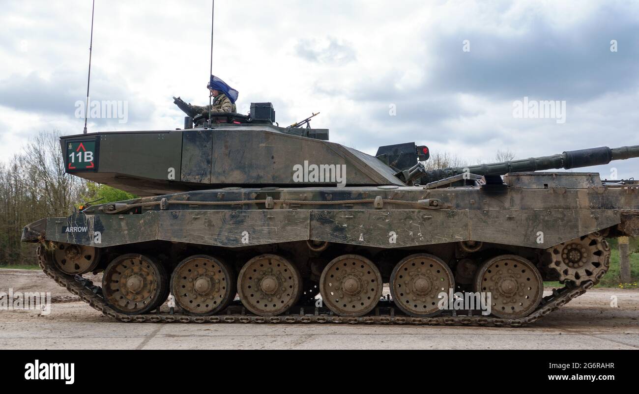 British Army military Challenger 2 Main Battle Tank on maneuvers in a ...