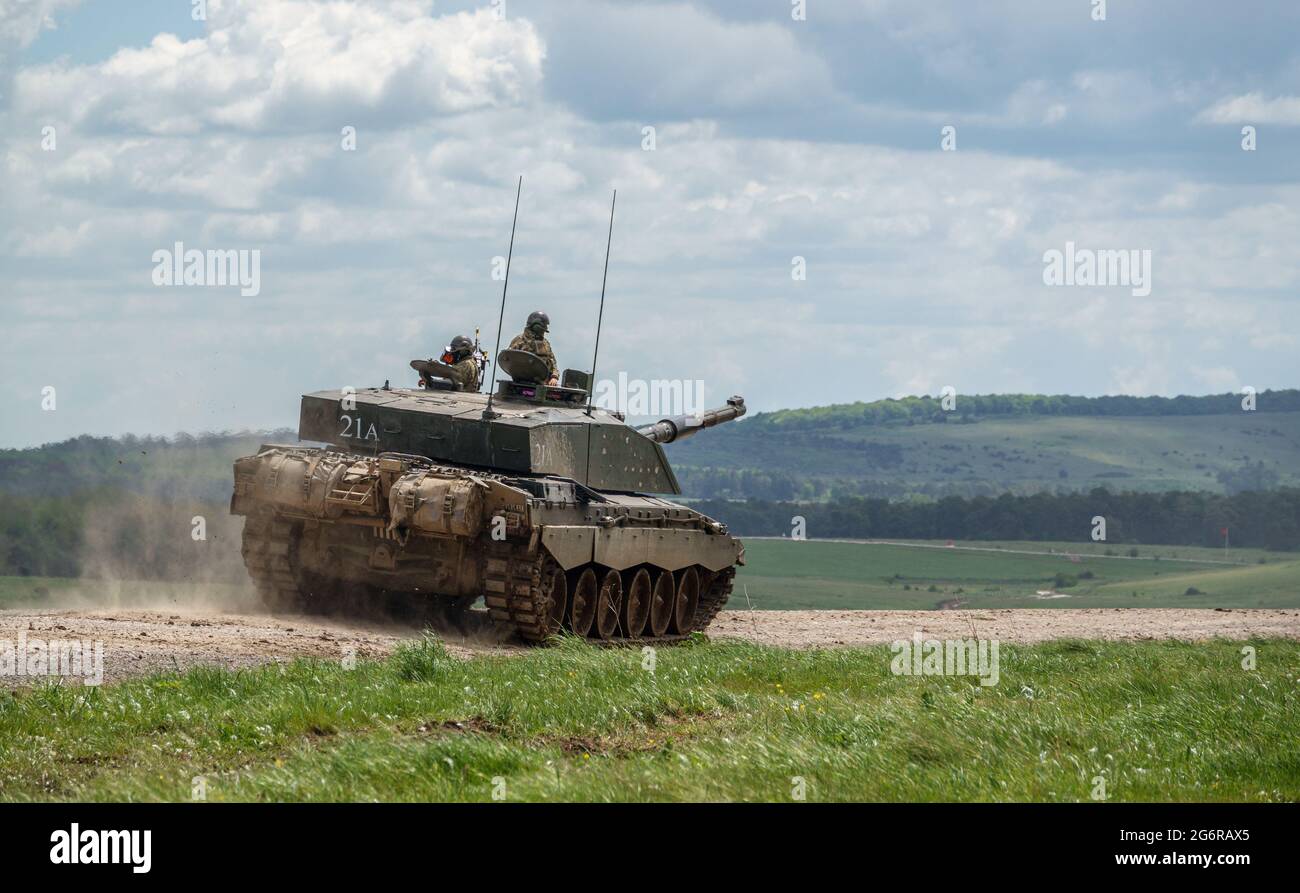 British Army military Challenger 2 Main Battle Tank on maneuvers in a ...