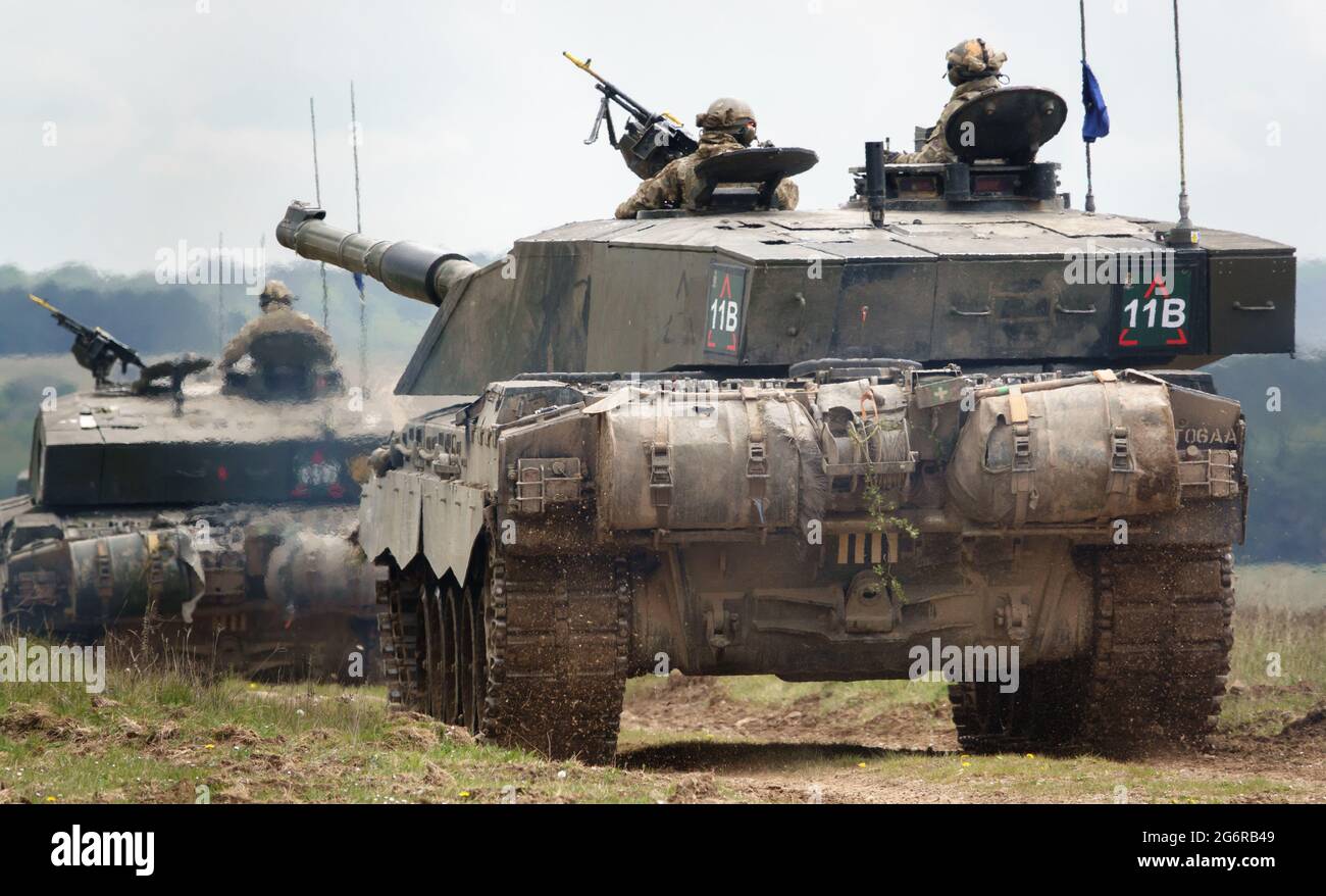 British Army military Challenger 2 Main Battle Tank on maneuvers in a ...