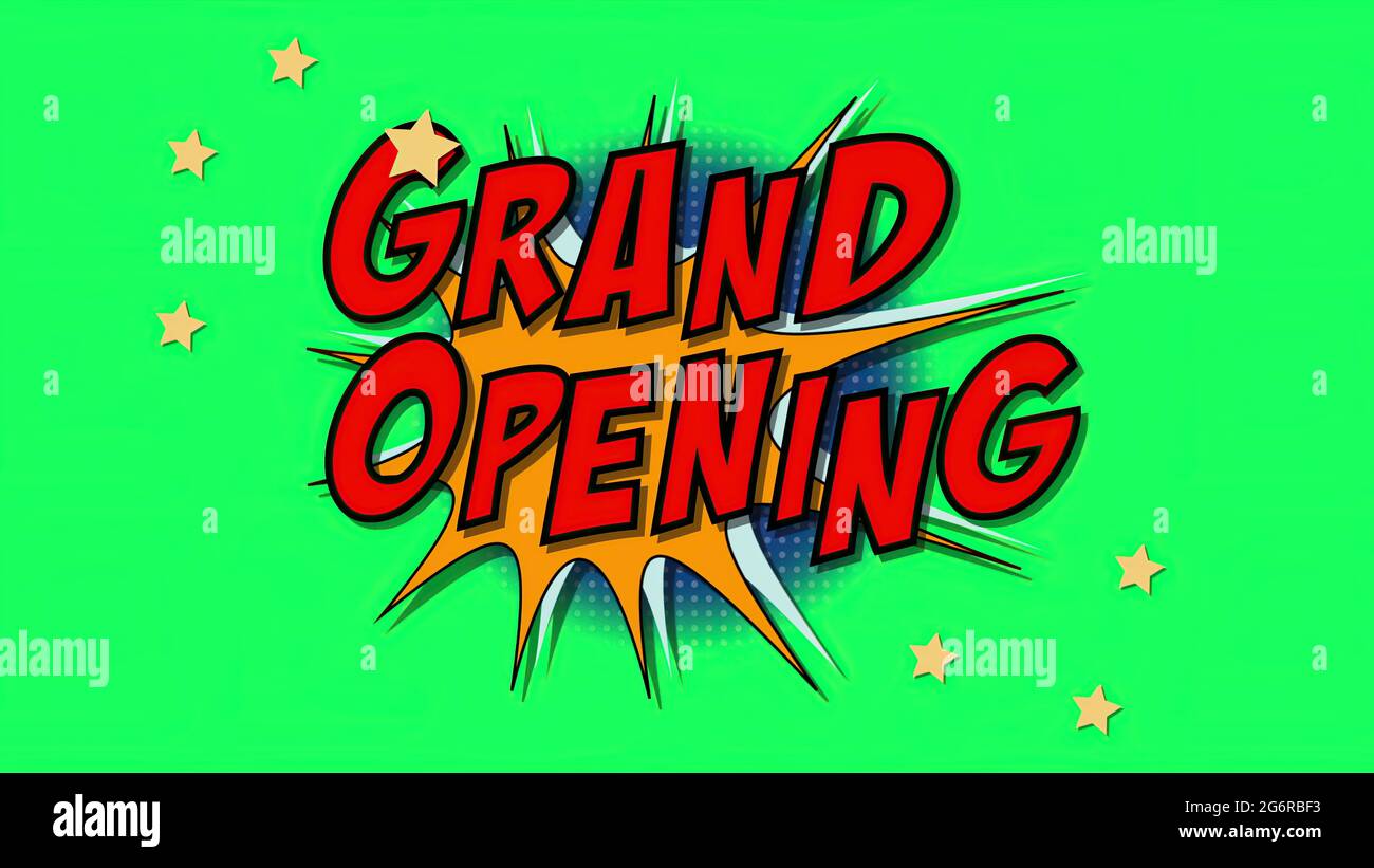 3d illustration - Words Grand Opening In Comics Style Stock Photo - Alamy