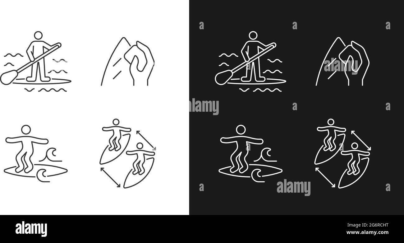 Riding waves in ocean linear icons set for dark and light mode Stock ...