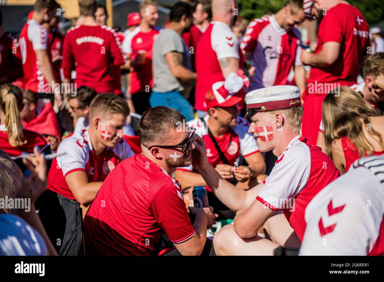 Copenhagen, Denmark. 07th July, 2021. Danish football fans dressed in ...