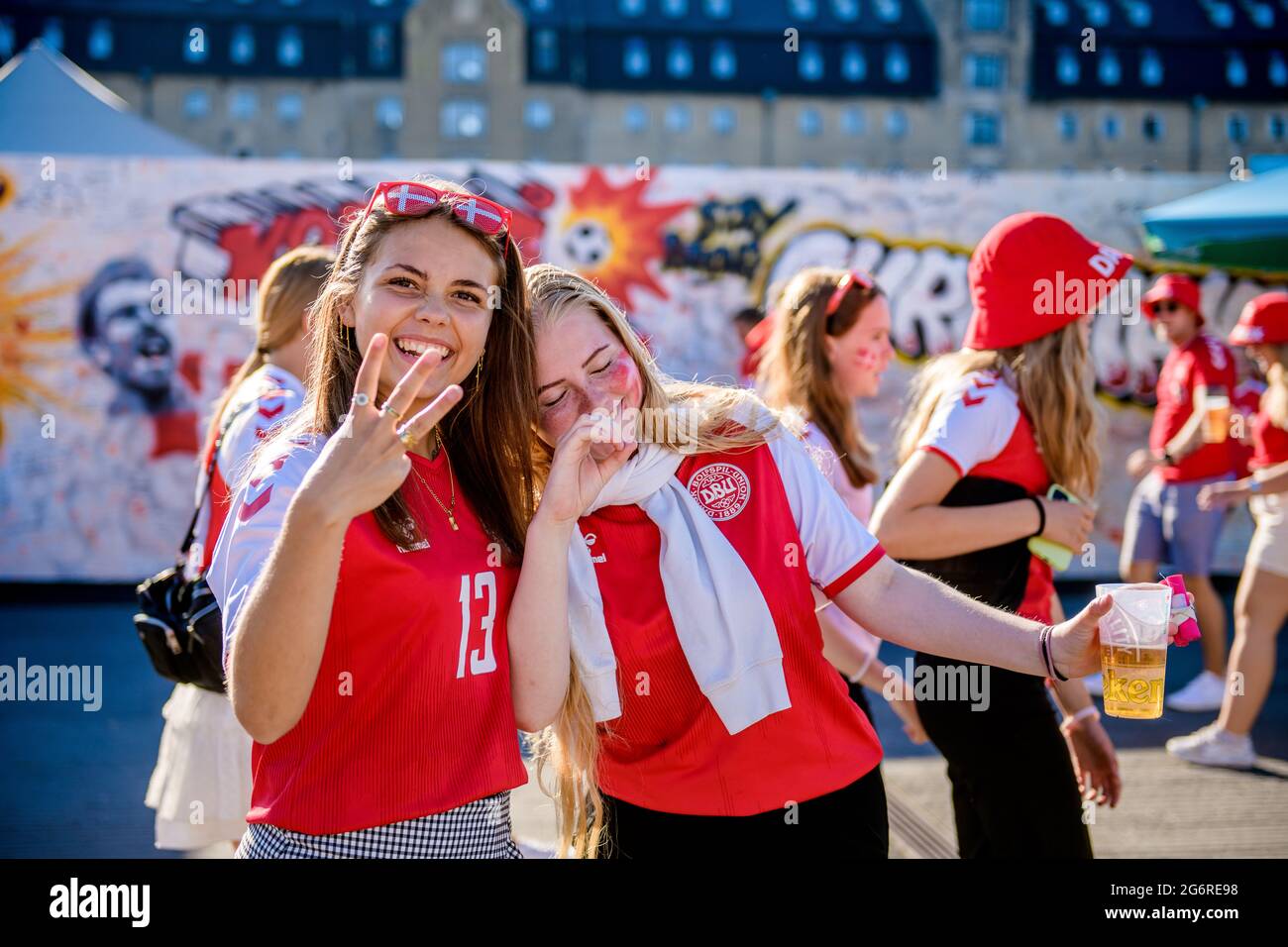 Copenhagen, Denmark. 07th July, 2021. Danish football fans dressed in ...