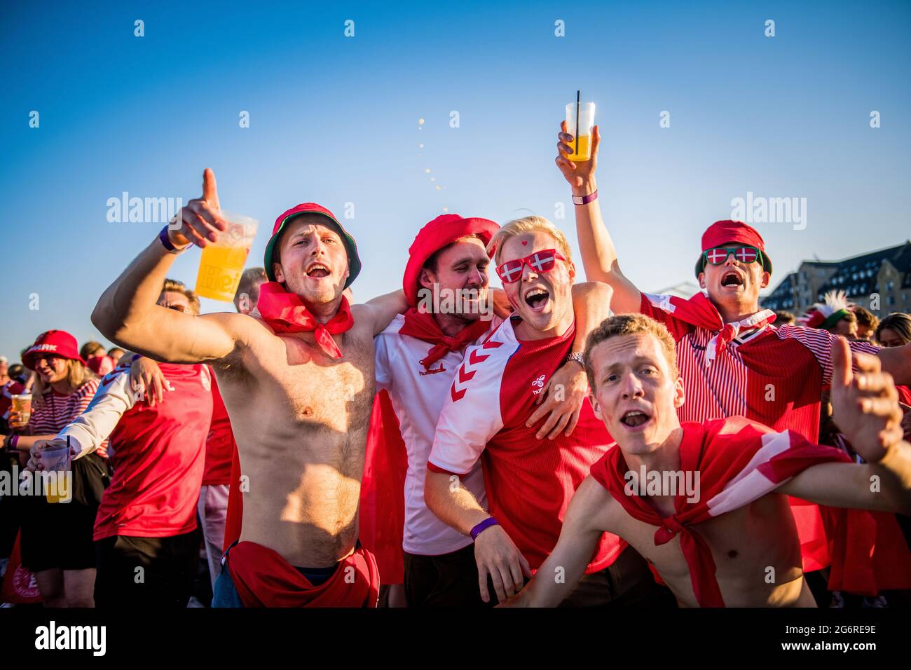 Copenhagen, Denmark. 07th July, 2021. Danish football fans dressed in ...