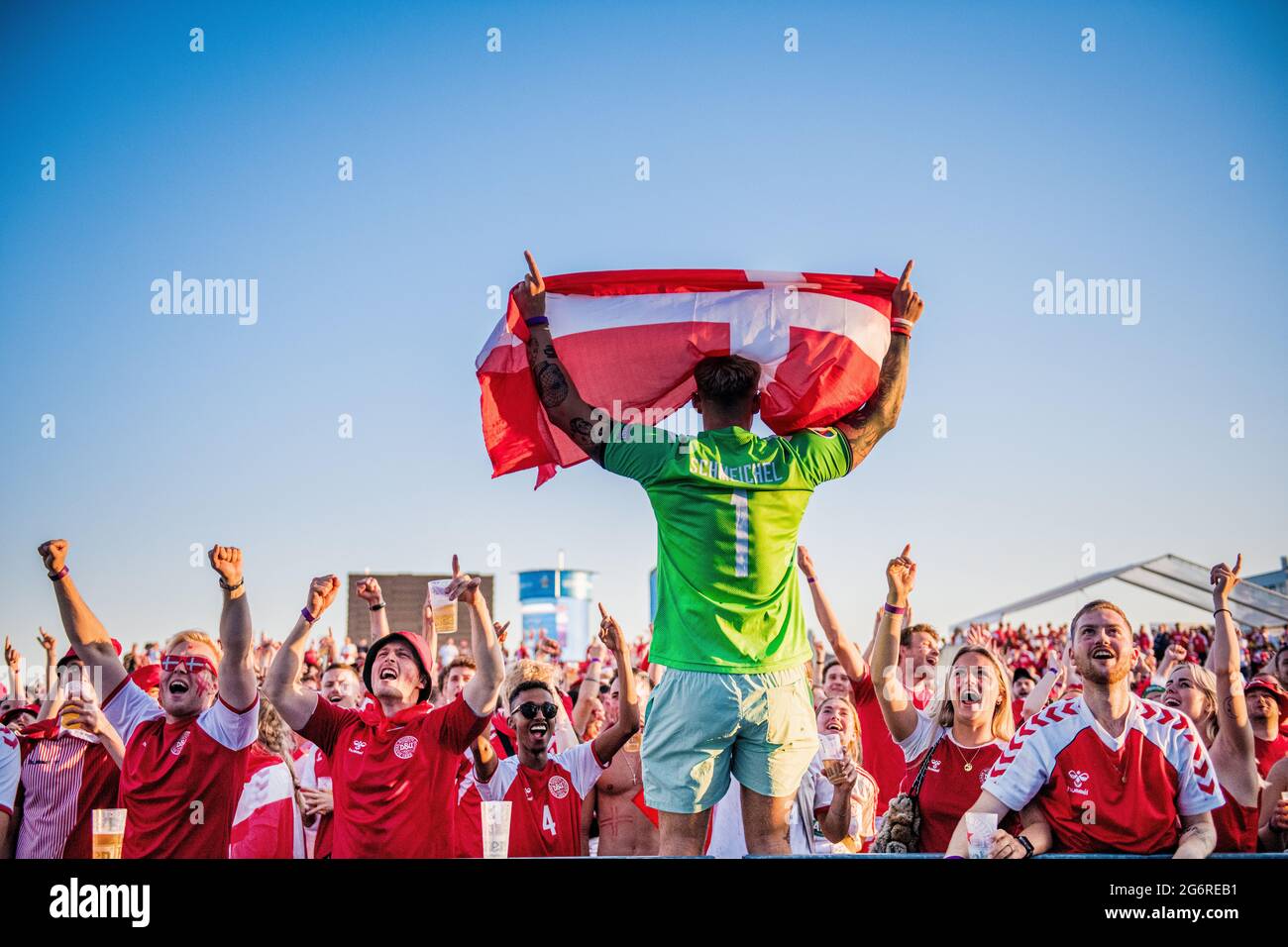 Copenhagen, Denmark. 07th July, 2021. Danish football fans dressed in ...