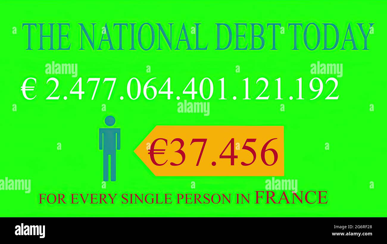 3d illustration - National Debt Live Clock Counter for France on green ...