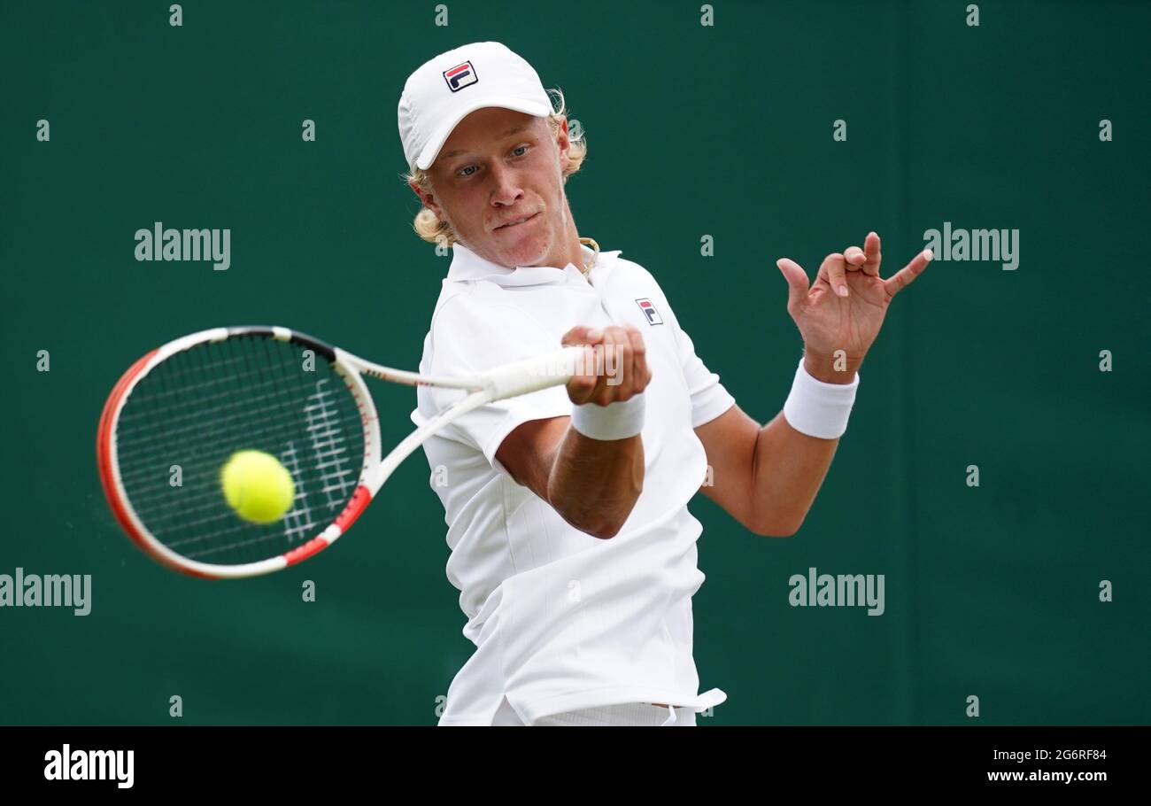 Leo Borg in action against Vojtech Petr during their boys' singles ...
