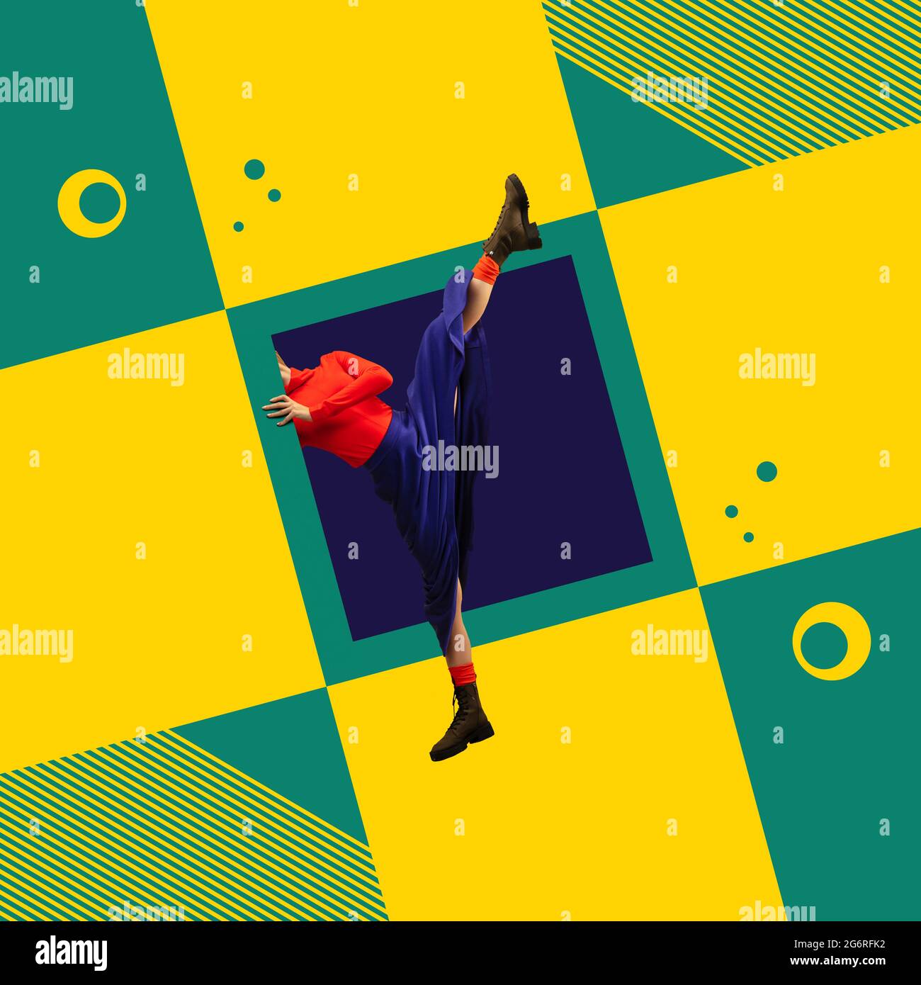 Art, fashion, design. Flexible female body crowling out of blue square ...