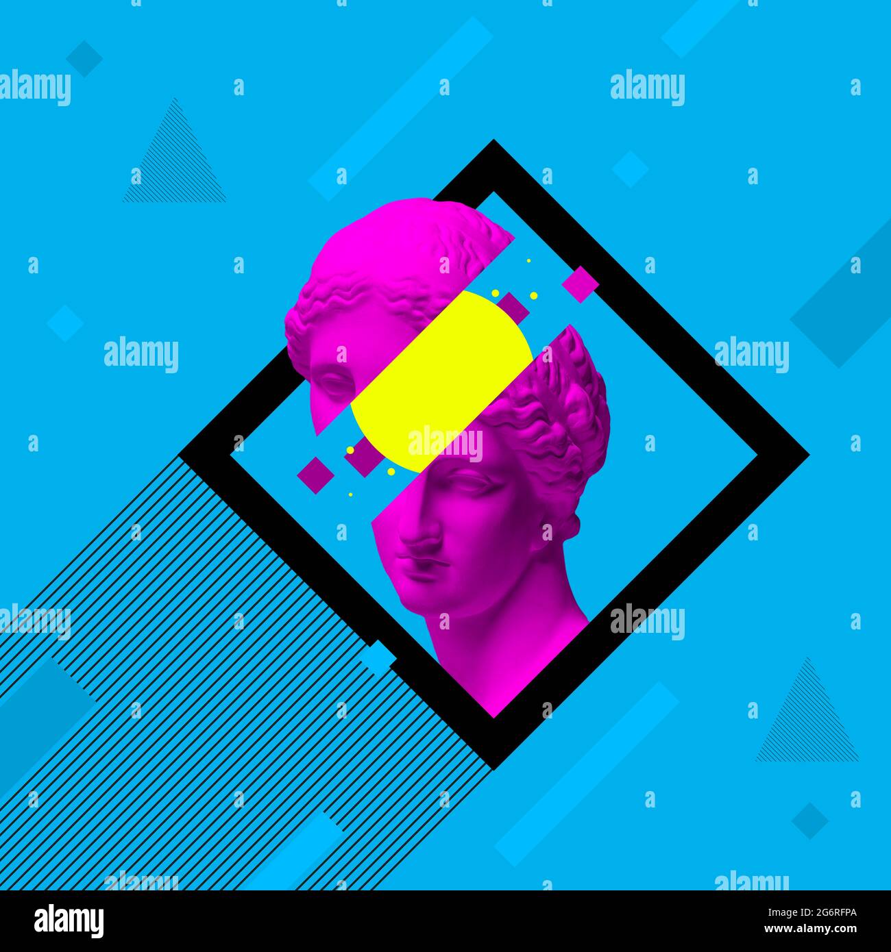 Contemporary art collage. Greek statue in black square frame over vivid ...