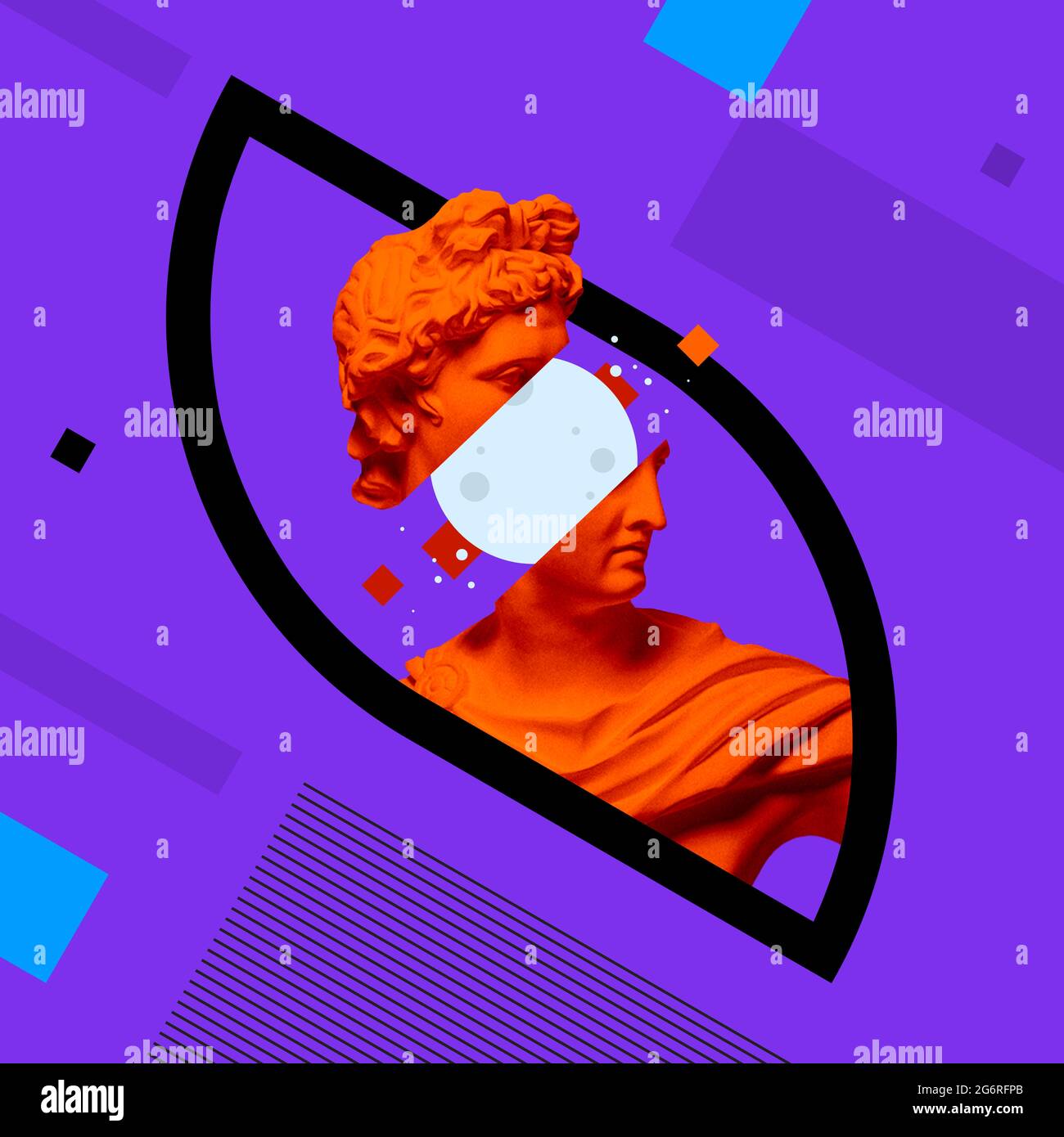 Contemporary art collage. Greek statue in black frame over vivid purple ...