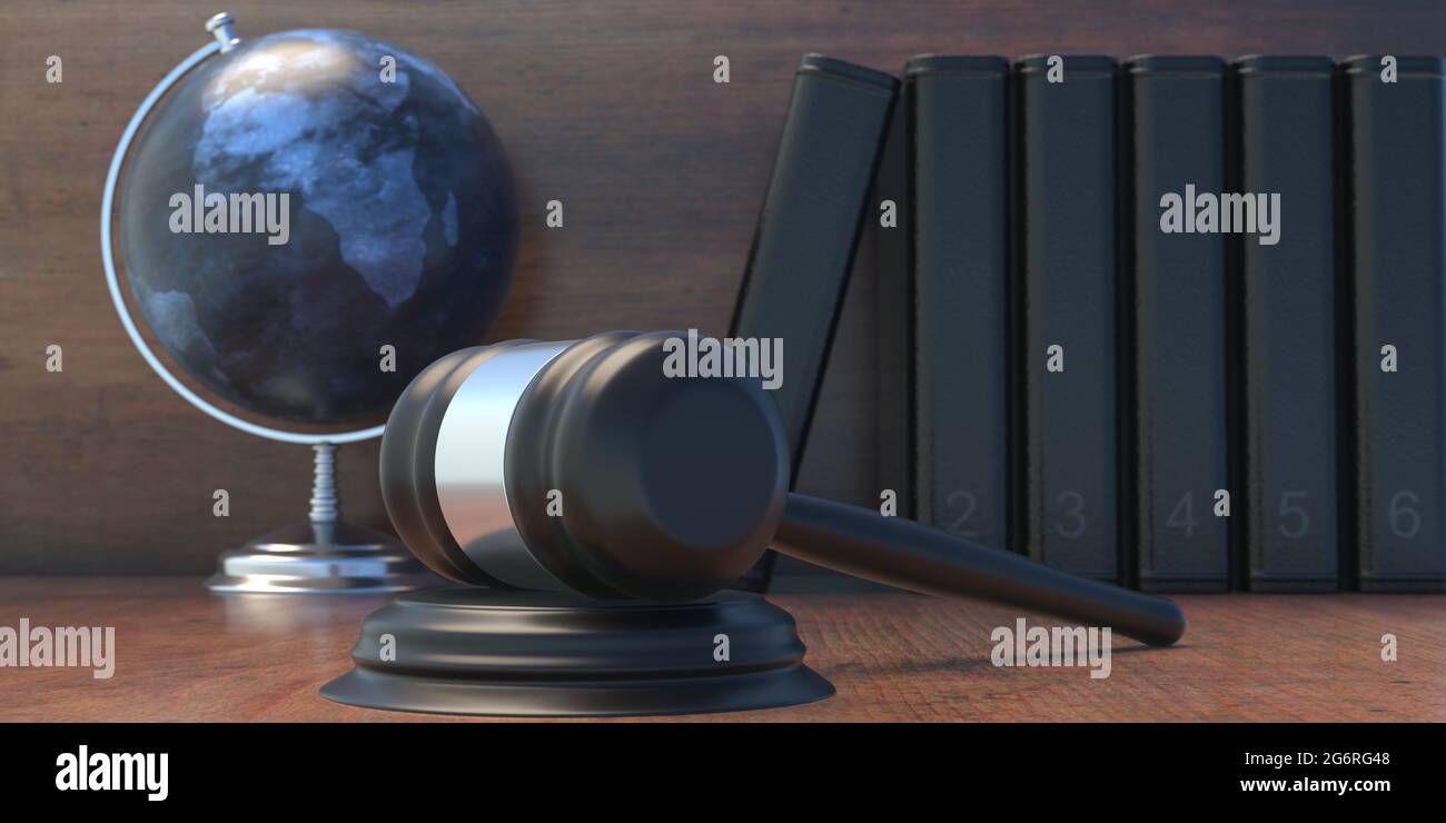 School Globe planet Earth, judge auction gavel and books on table ...