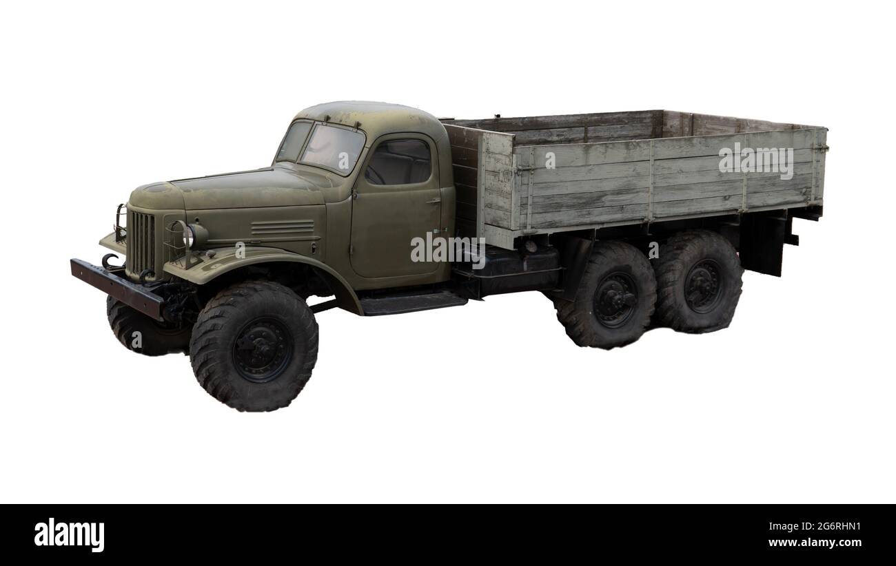 Old lorry isolated on white background. Wooden open body truck, vintage ...