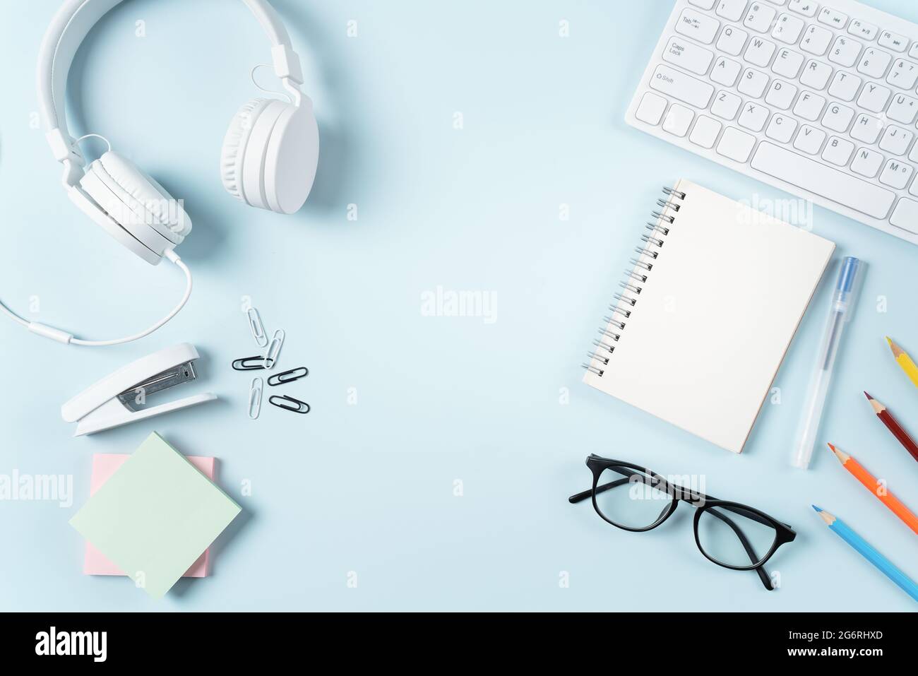 Online learning design concept. Top view of student table with computer ...