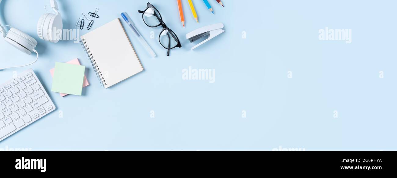 Online learning design concept. Top view of student table with computer ...