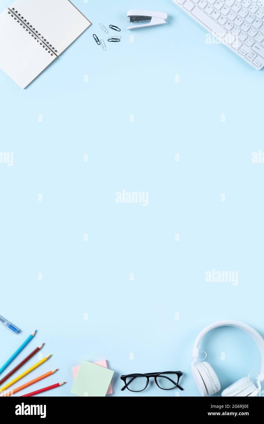 Online learning design concept. Top view of student table with computer ...