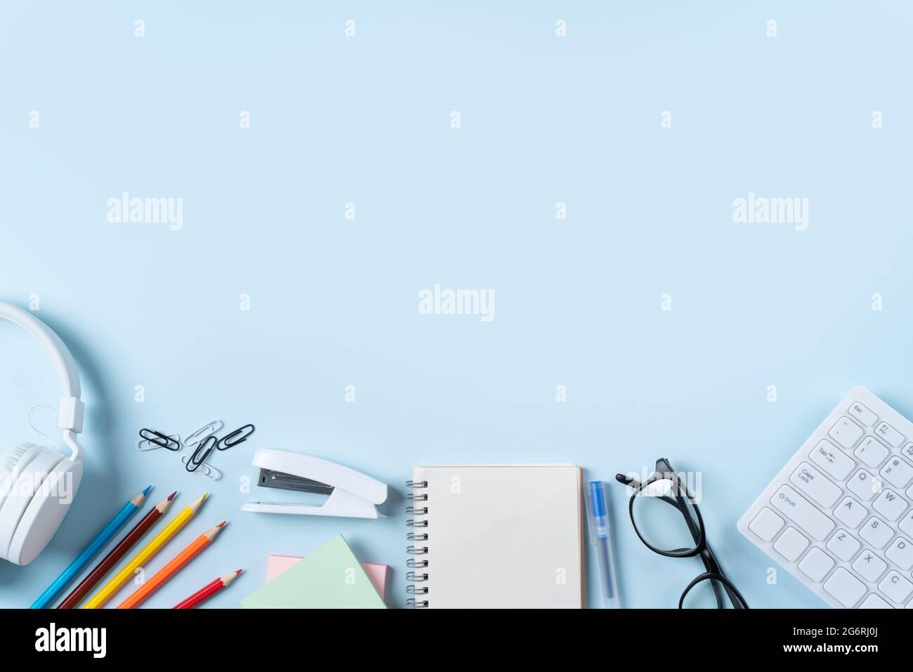 Online learning design concept. Top view of student table with computer ...