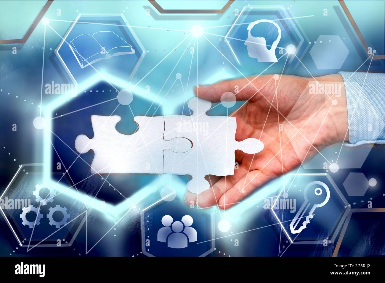 Hand Holding Jigsaw Puzzle Piece Unlocking New Futuristic Technologies ...